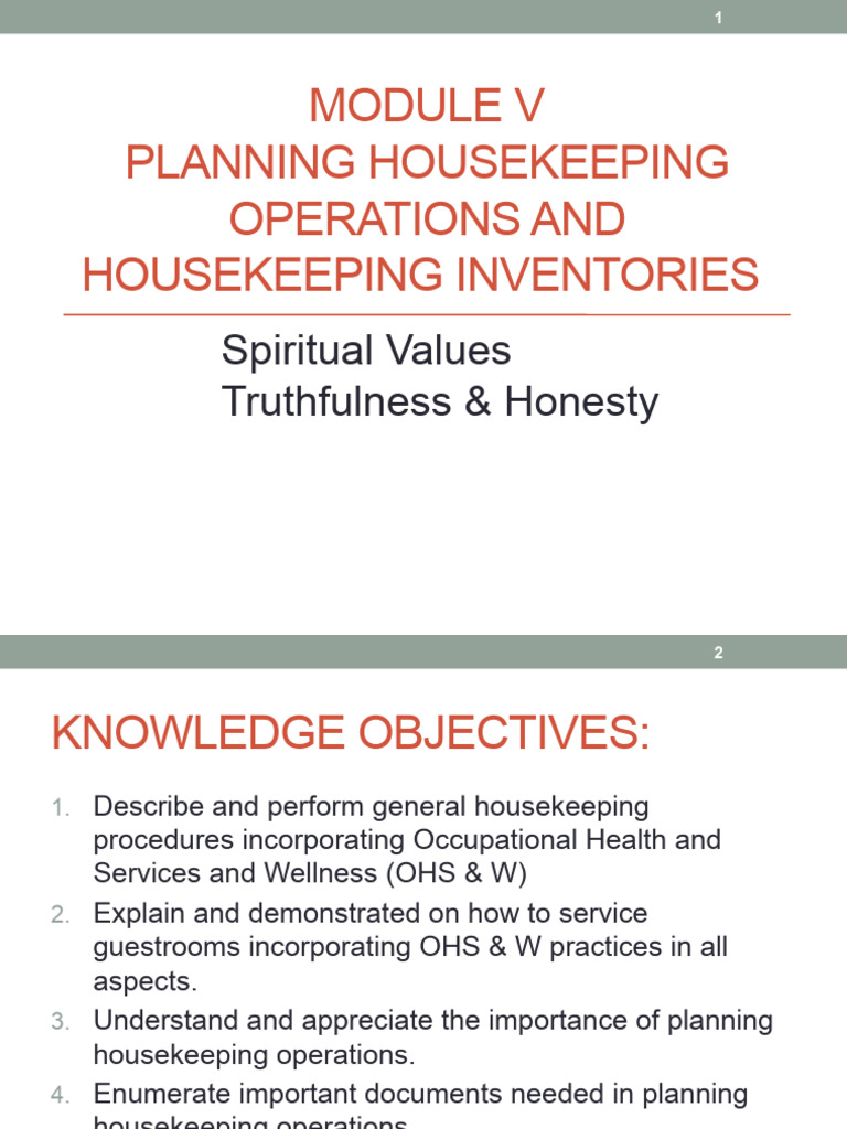 Module V Lodging Planning Housekeeping Operations and Housekeeping ...