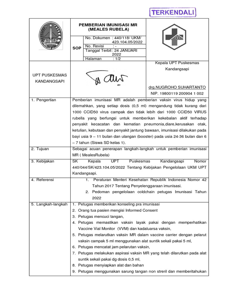 Prosedur Imunisasi Vaksin MR | PDF