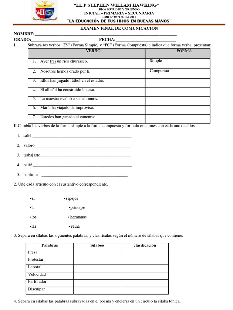 Examen Final De Comunicación Escolar Pdf Gramática Sintaxis