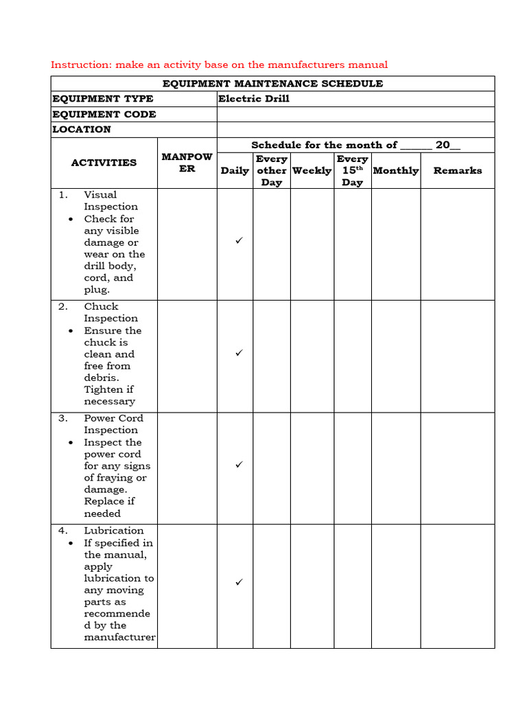 2 Equipment Maintenance Schedule (TORRES) | PDF | Drill | Manufactured ...