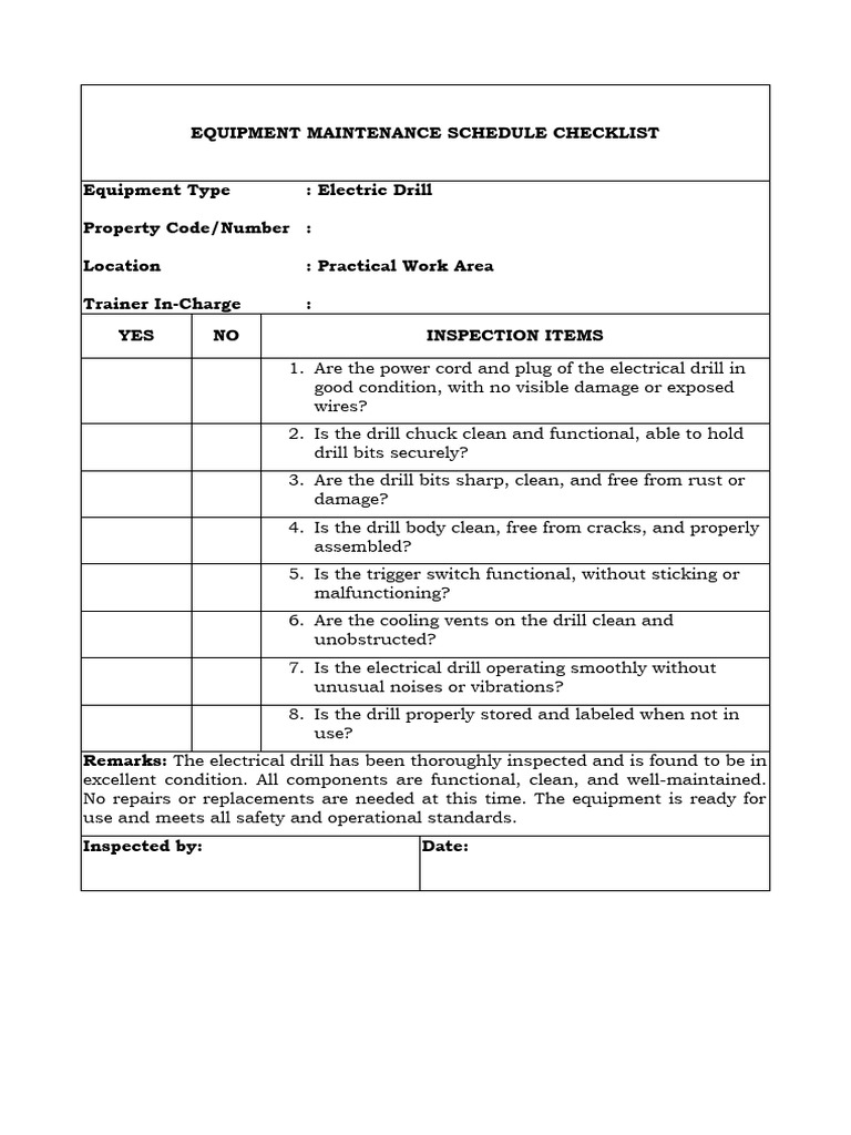 4 Equipment Maintenance Inspection Checklist (TORRES) | PDF