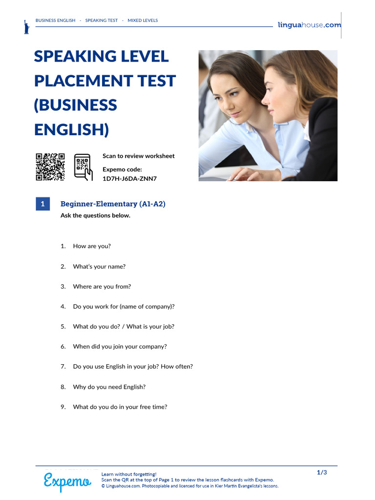 Speaking Level Placement Test Business English American English Teacher ...