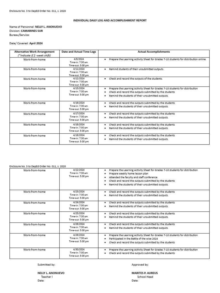 Individual Daily Log and Accomplishment Report | PDF
