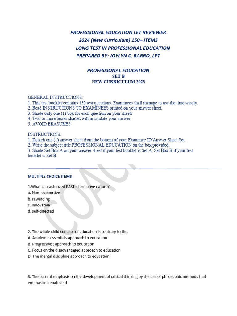 2024 LT in Prof - Ed 05 25 24 With Answers | PDF | Learning | Teachers