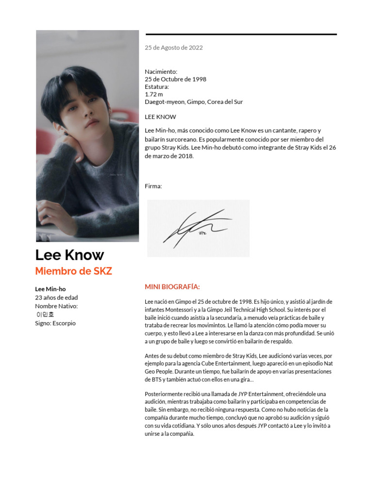 Biografía de Lee Know de Stray Kids | PDF