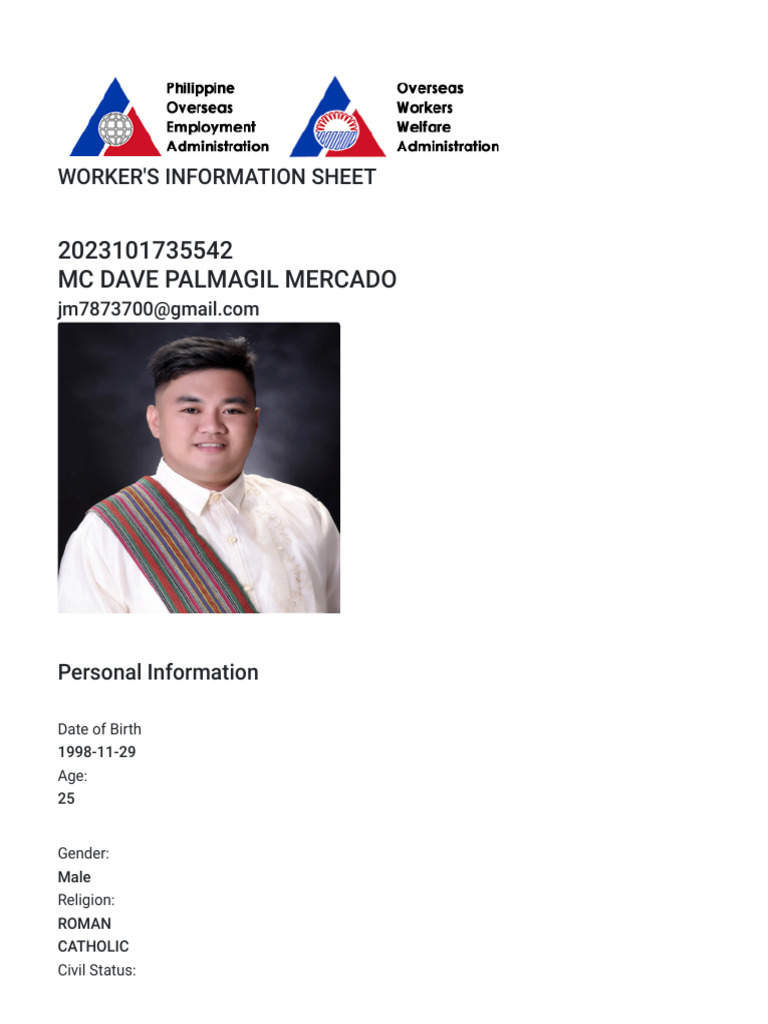 DMW Worker’s Information Sheet Sample | PDF | Identity Document