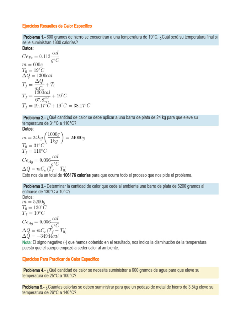 Ejercicios de Calor Específico Resueltos | PDF