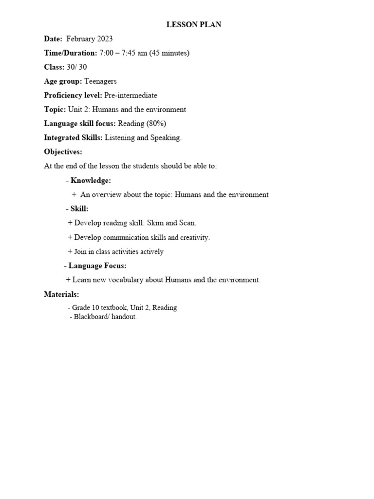 LESSON PLAN Reading Class 10 Unit 2 | PDF | Vocabulary