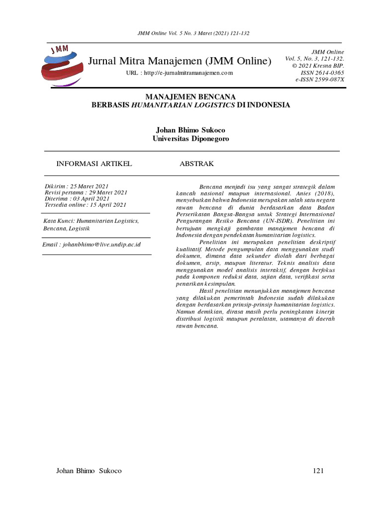 MANAJEMEN BENCANABERBASIS HUMANITARIAN LOGISTICSDI INDONESIAJohan Bhimo ...