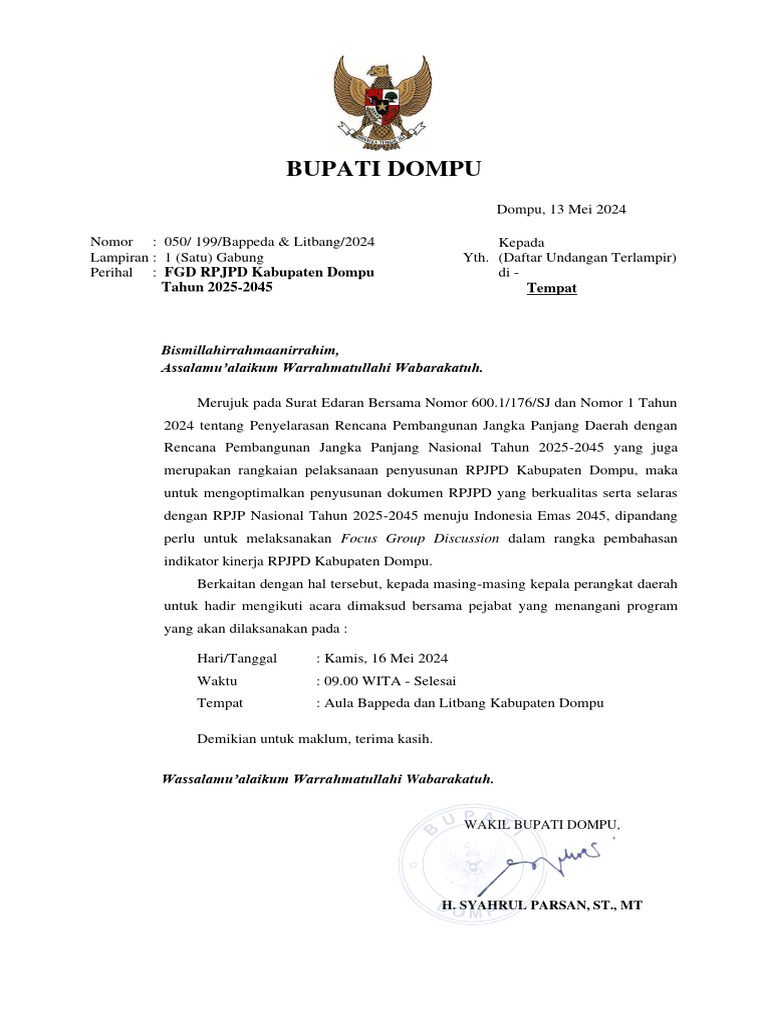 Undangan FGD RPJPD Kab. Dompu Tahun 2025-2045 | PDF