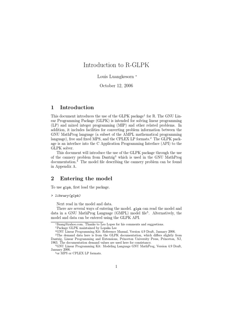 GLPK Intro | PDF | Linear Programming | Mathematical Optimization