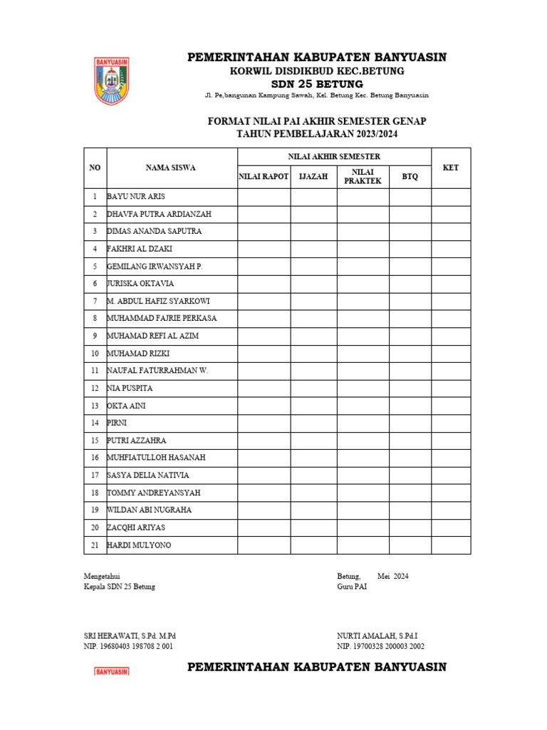 Format Nilai Ujian Sekolah Pai Kelas 6a 6b 2024 | PDF
