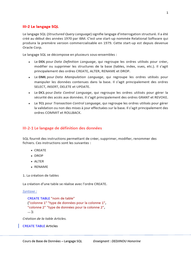 Le Langage SQL | PDF | SQL | Bases de données