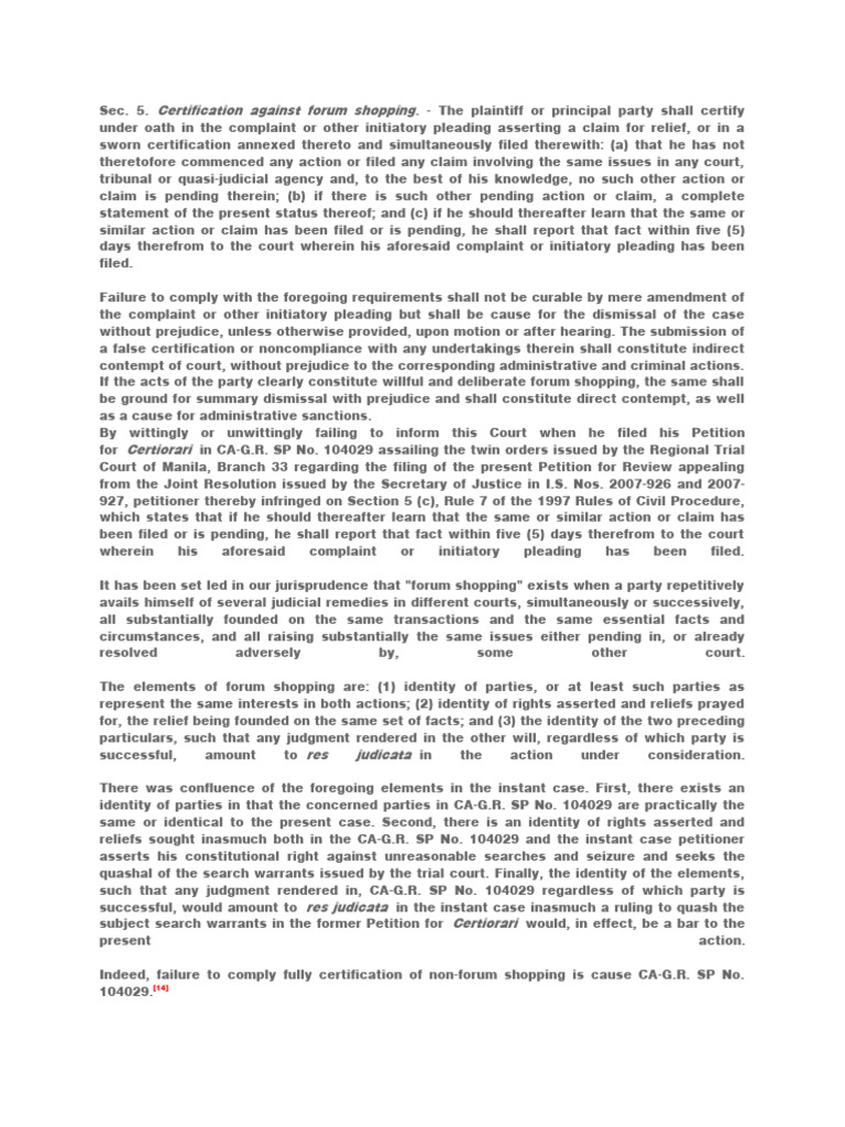 Certification Against Forum Shopping | Download Free PDF | Pleading ...