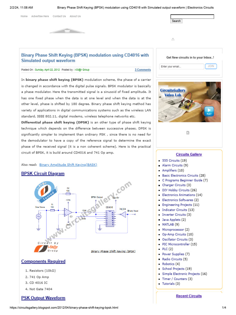 Binary Phase Shift Keying (BPSK) Modulation Using CD4016 With Simulated Output Waveform ...