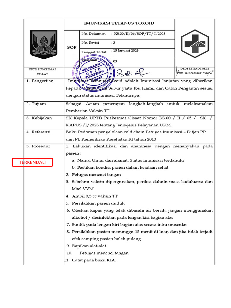 SOP Imunisasi Tetanus Toxoid 2023 | PDF
