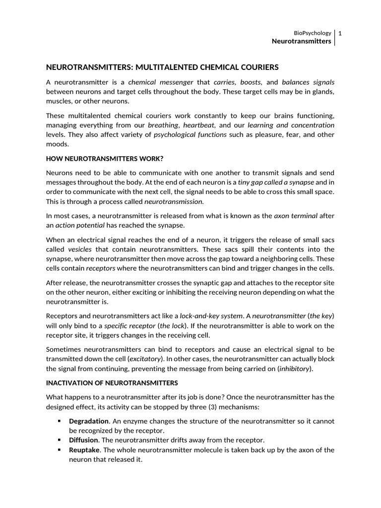 Topic 02C - Neurotransmitters | PDF | Neurotransmitter | Neuron