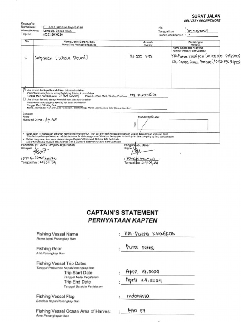 19 Delivery Note and Captain Statement For 24-04-24 | PDF