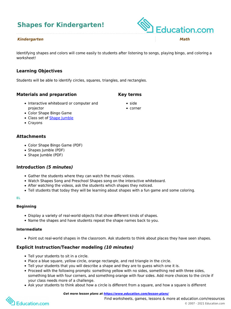 Lesson Plan - Shapes For Kindergarten | PDF | Shape | Lesson Plan