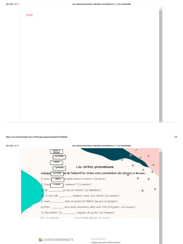 Les Verbes Pronominaux Interactive Worksheet For A1 - Live Worksheets ...