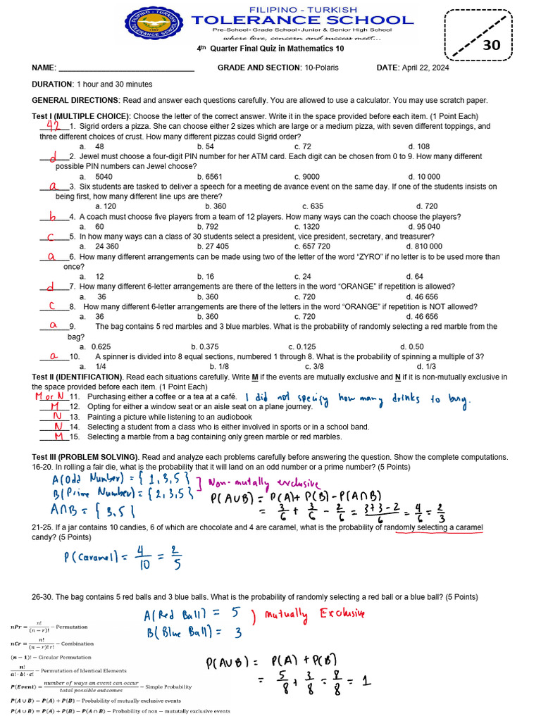 4th Quarter Final Quiz in Math 10 ANSWER KEY | Download Free PDF | Odds | Personal ...