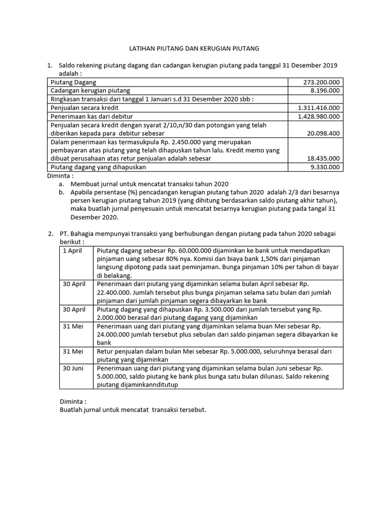 Latihan Piutang Dan Kerugian Piutang | PDF