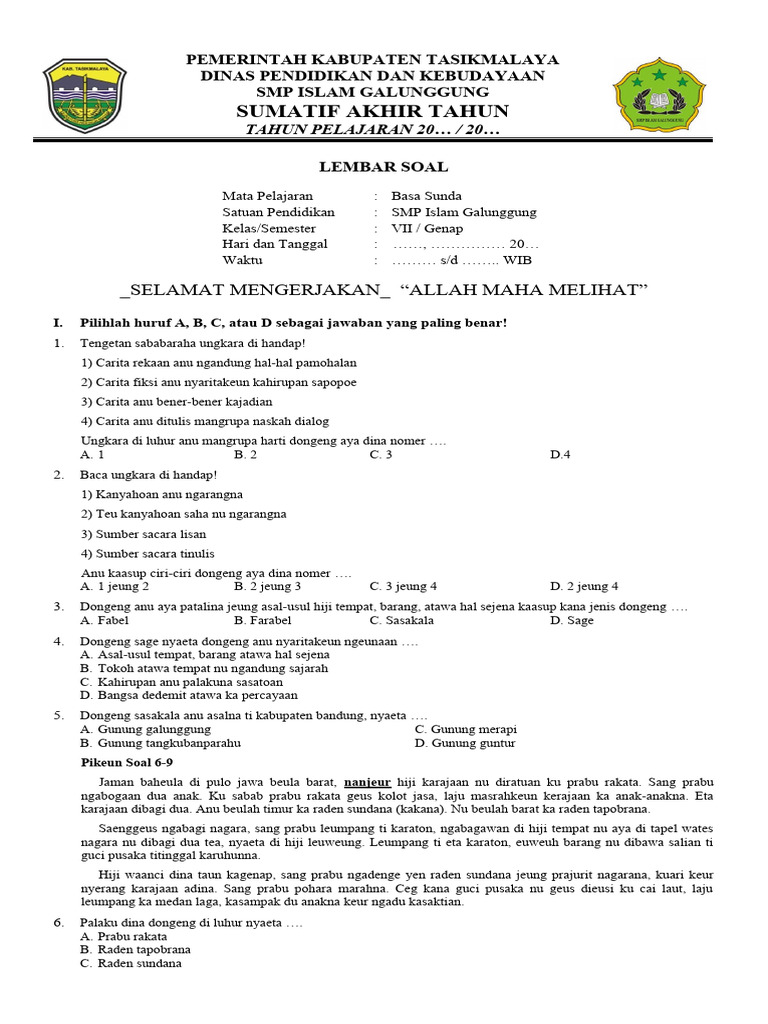 Soal PAT Kelas VII Kurmer - Basa Sunda F4 | PDF | Kajian Bahasa Asing | Seni