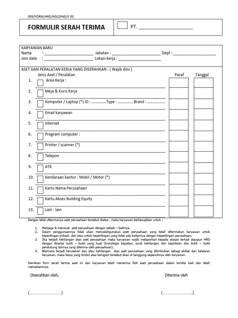 Formulir Serah Terima Aset Karyawan | PDF