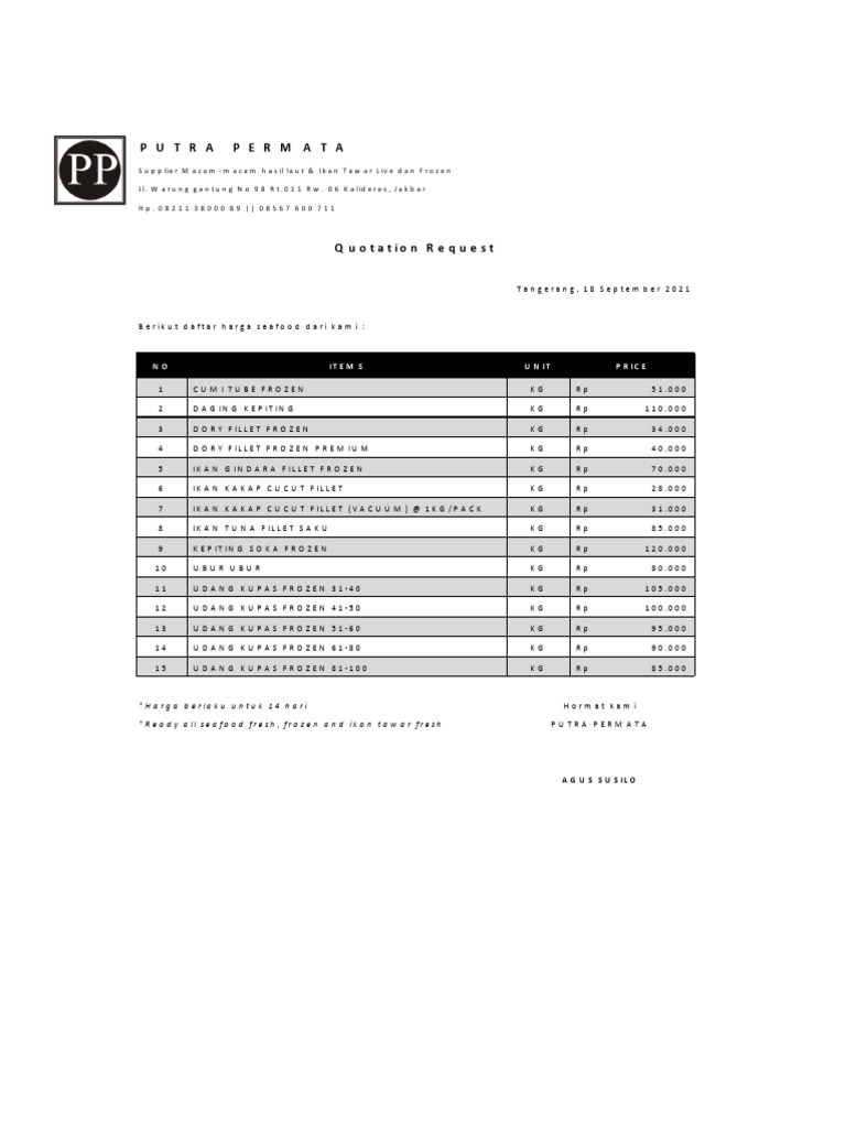 Contoh Frozen Food Pricelist | PDF