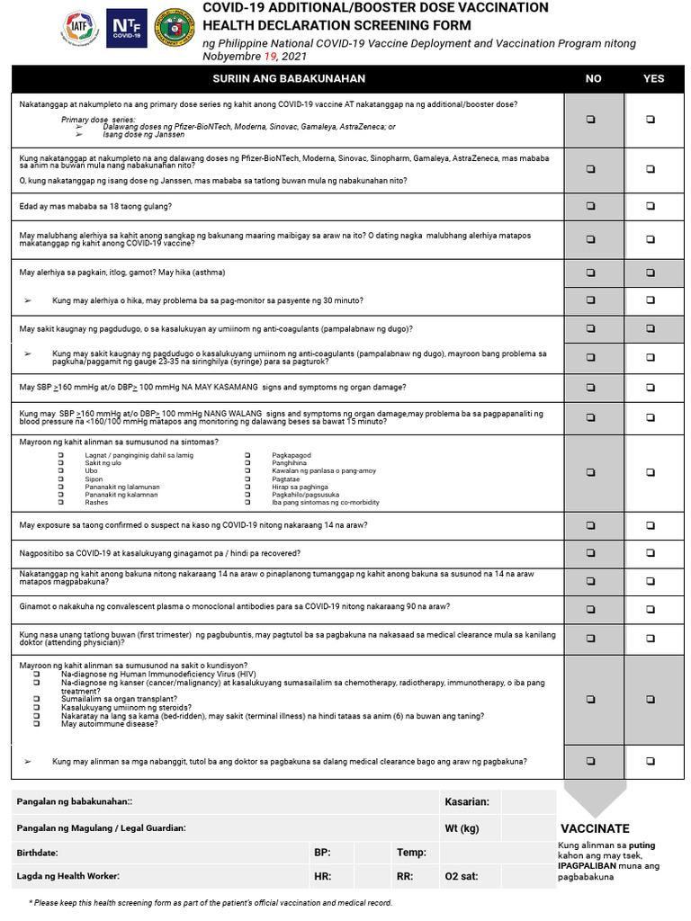 Boosters Health Declaration Form FIL | PDF