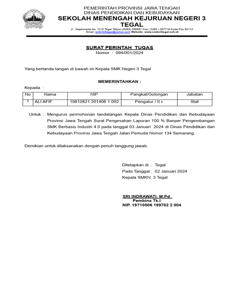 Surat Perintah Tugas SMK 3 Tegal | PDF