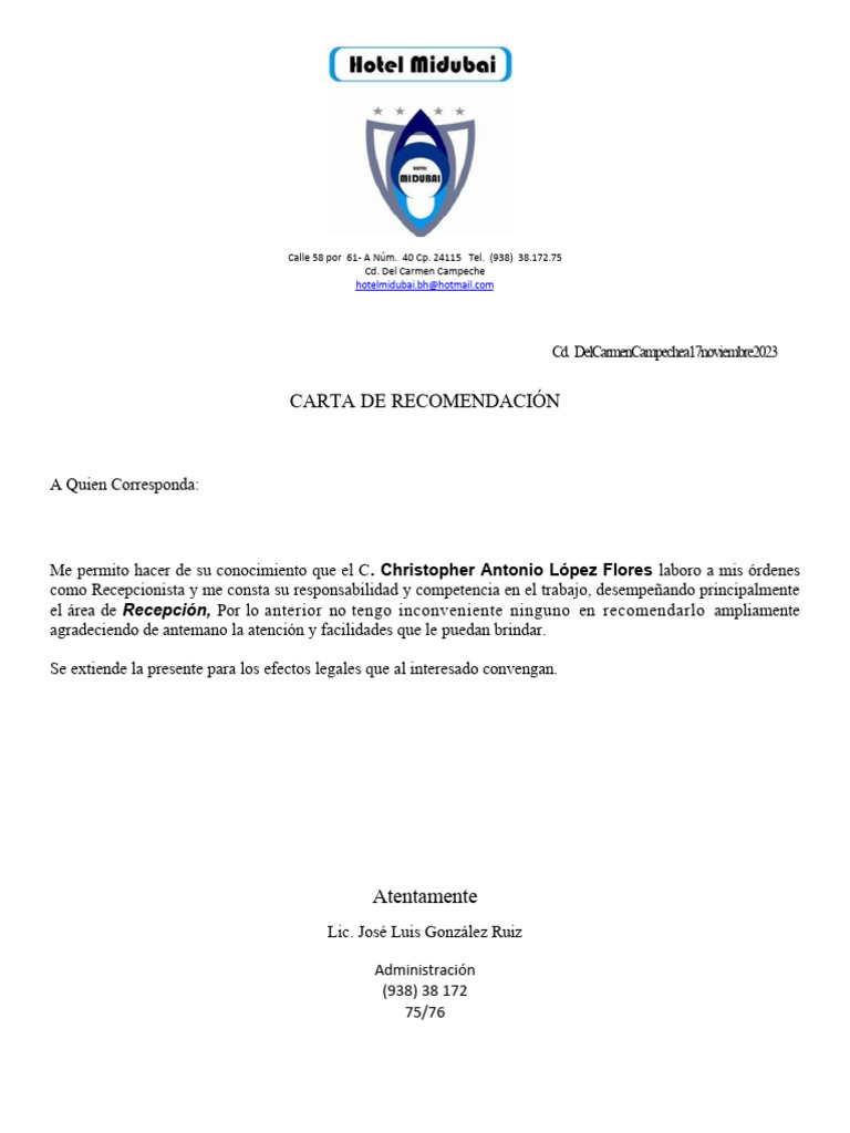 Carta de Recomendacion Christopher | PDF