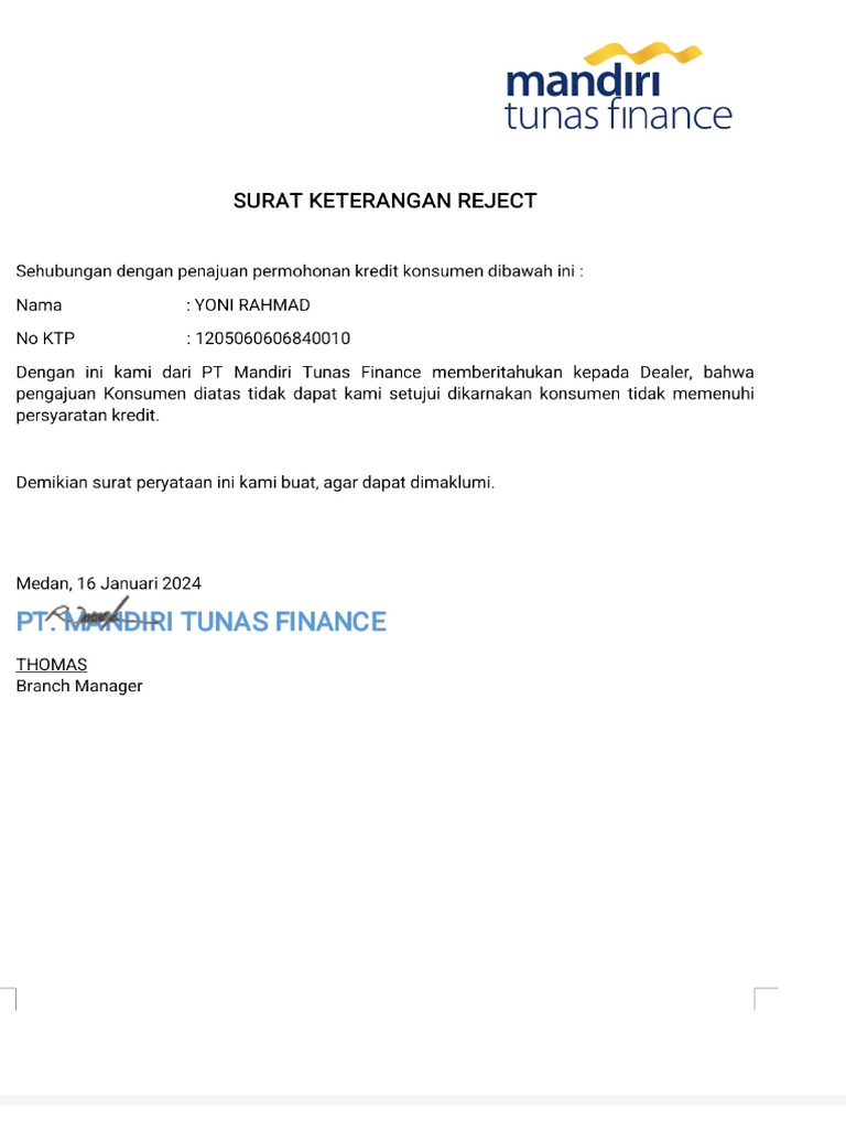 Surat Reject MTF | PDF