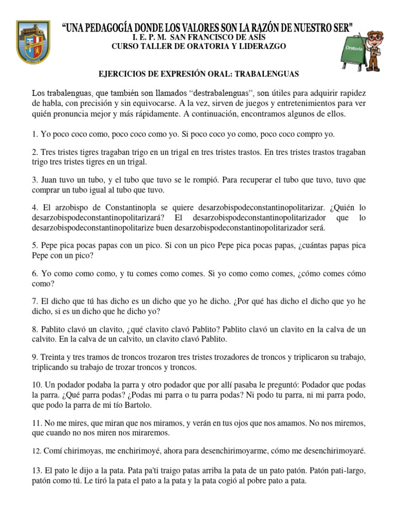 Expresión Oral Ejercicios Con Trabalenguas Sfa | PDF