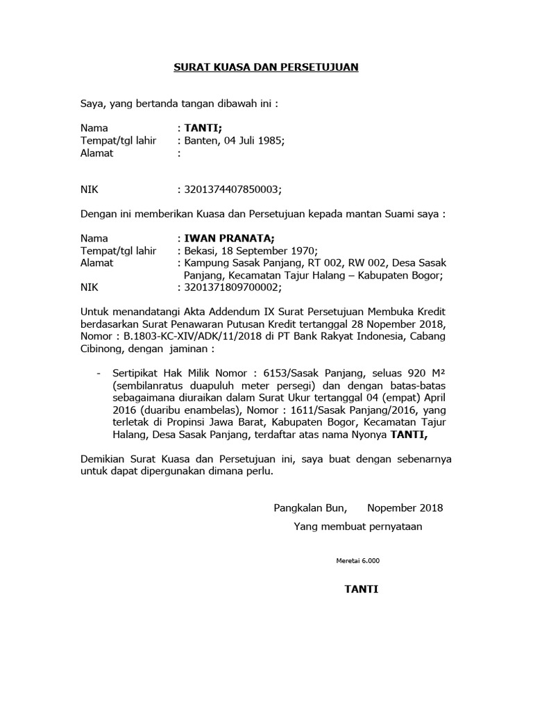 Contoh Surat Persetujuan Dan Kuasa Mantan Istri Pdf Hukum