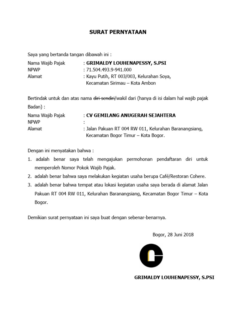 Contoh Surat Pernyataan Profit SKDU Pajak | PDF