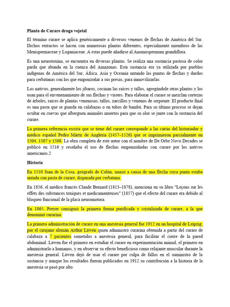 Curare: Historia y Uso Médico | PDF