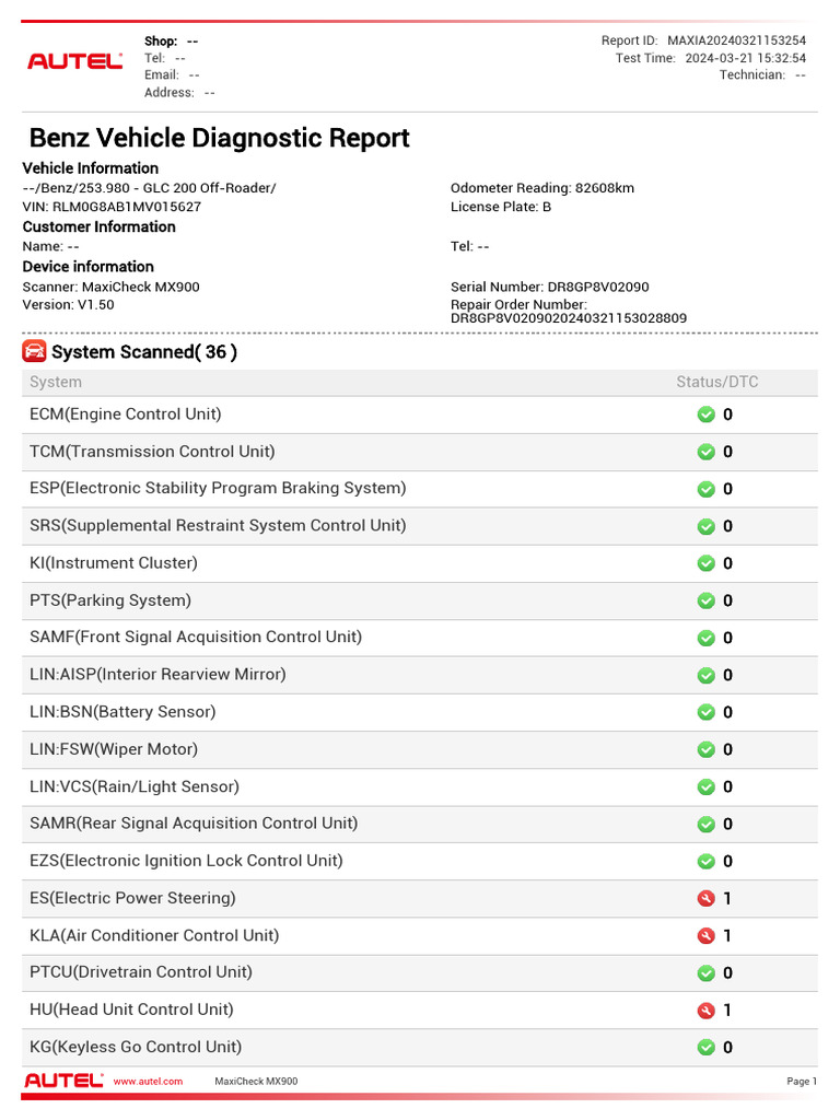 Benz Vehicle Diagnostic Report: System Scanned (36) | Download Free PDF ...
