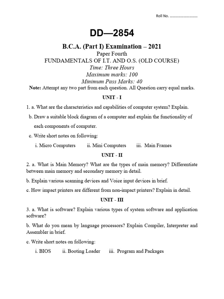 Bca Part 1 Fundamentals of It and Os DD 2854 2021 | PDF