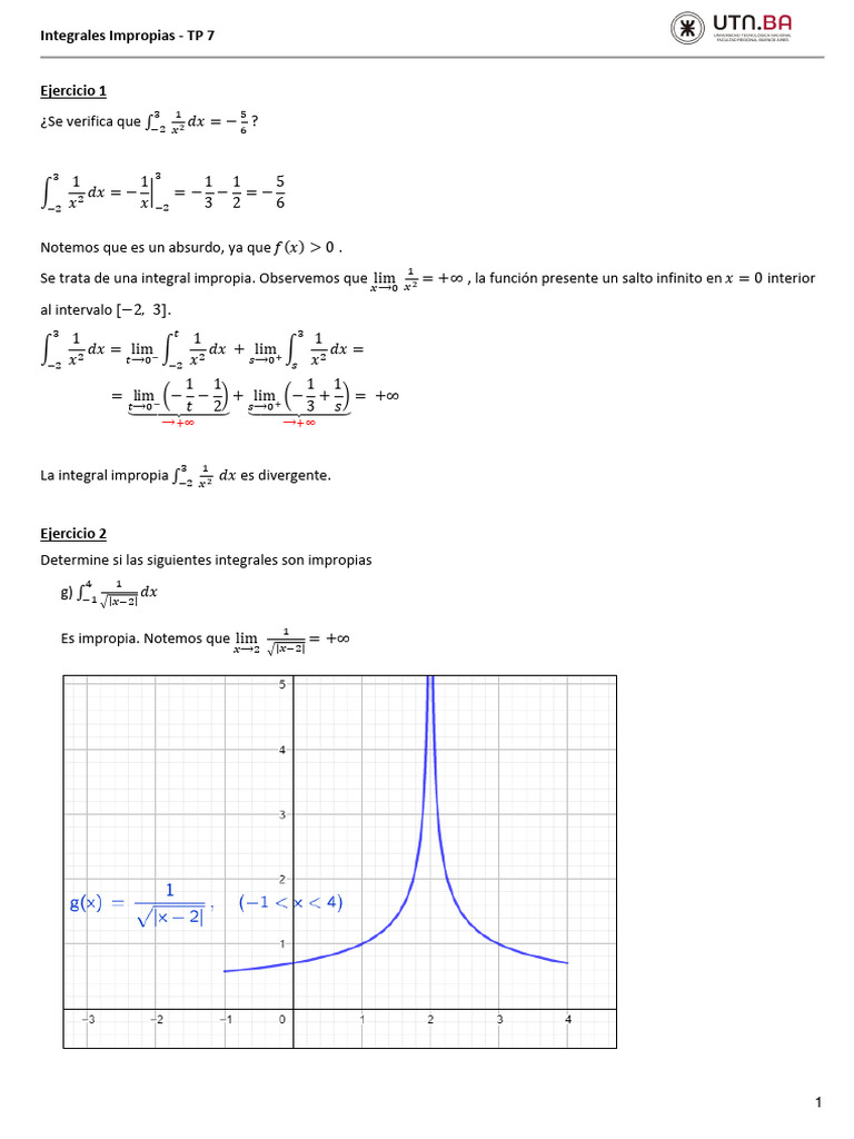Ejercicios Integrales Impropias - TP7 | PDF | Integral | Análisis ...