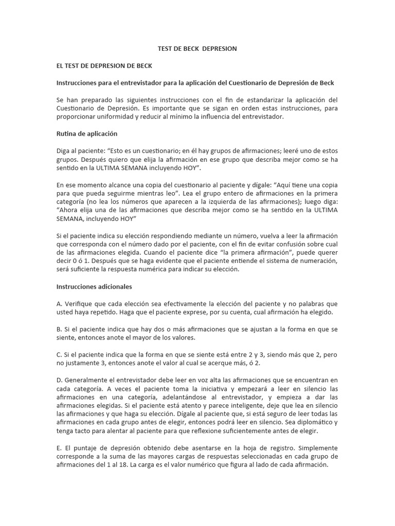 TEST DE BECK DEPRESION CLASE 2017 | PDF | Trastorno depresivo mayor ...