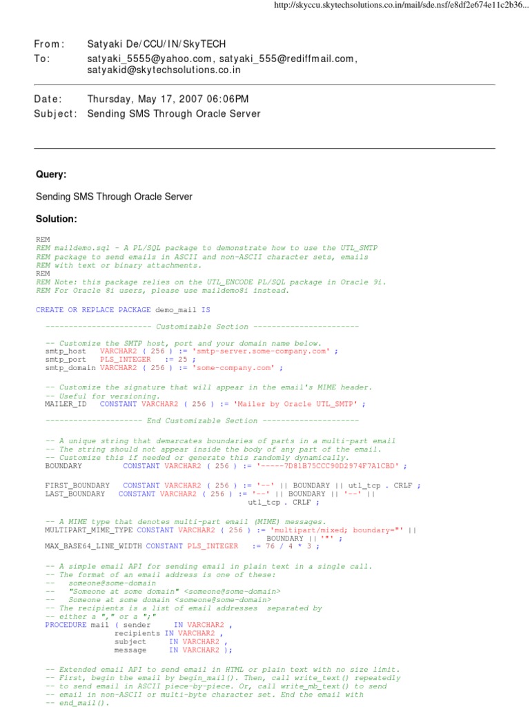 Sending SMS Through Oracle Server | PDF | Email | Network Service