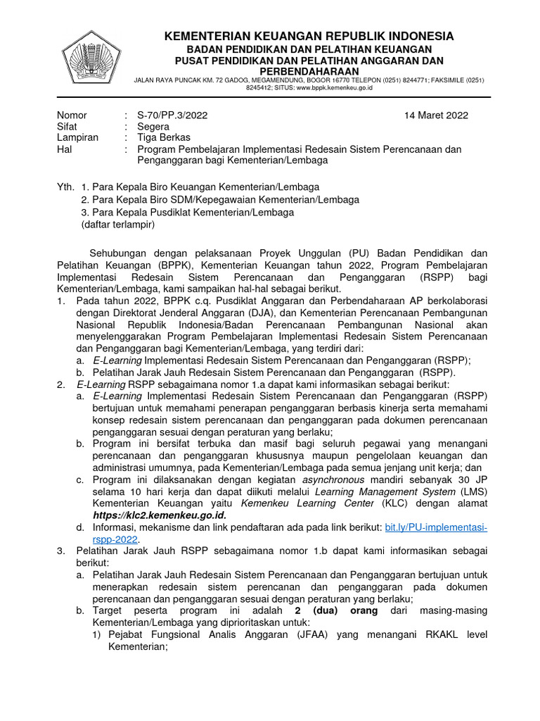 S-70 - Surat Penyampaian Program PU Implementasi RSPP | PDF | Bisnis | Pengelolaan Keuangan & Uang