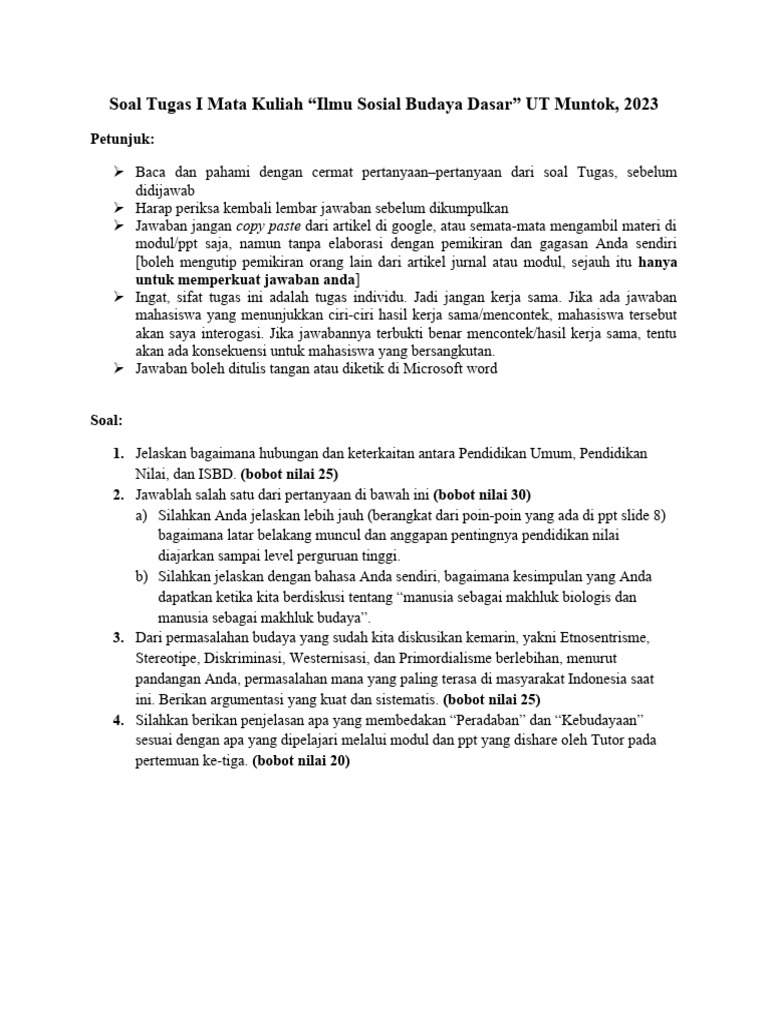 Soal Tugas I ISBD - 2023 UT | PDF | Ilmu Sosial | Sains & Matematika