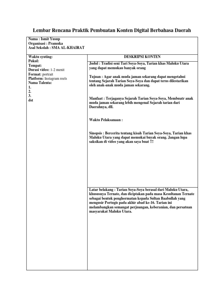 Lembar Rencana Praktik Pembuatan Konten Digital Berbahasa Daerah (Ismit) | PDF
