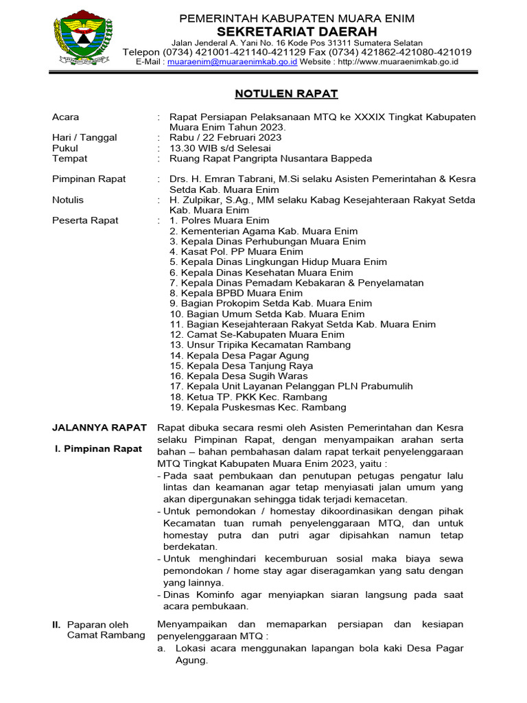 Notulen Rapat MTQ 2023 | PDF | Sains & Matematika
