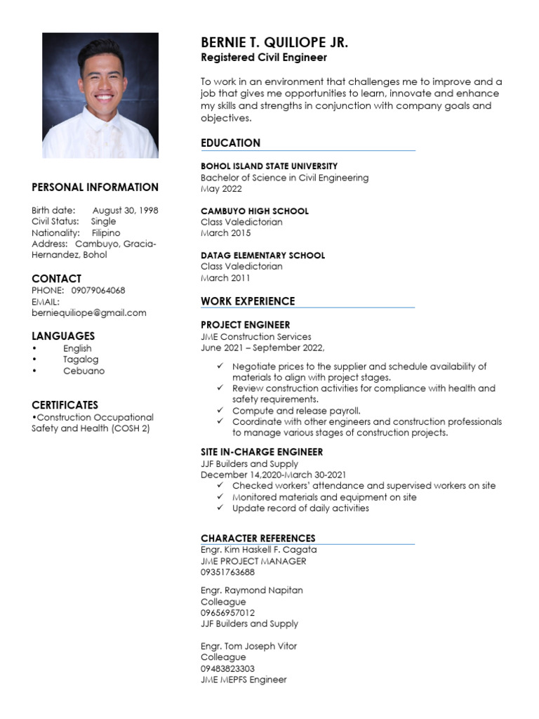 Civil Engineer Resume of Bernie Quiliope | PDF | Engineering
