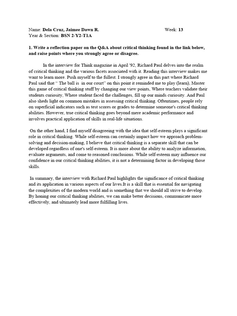 Critical Thinking Reflections and Insights | PDF | Critical Thinking ...