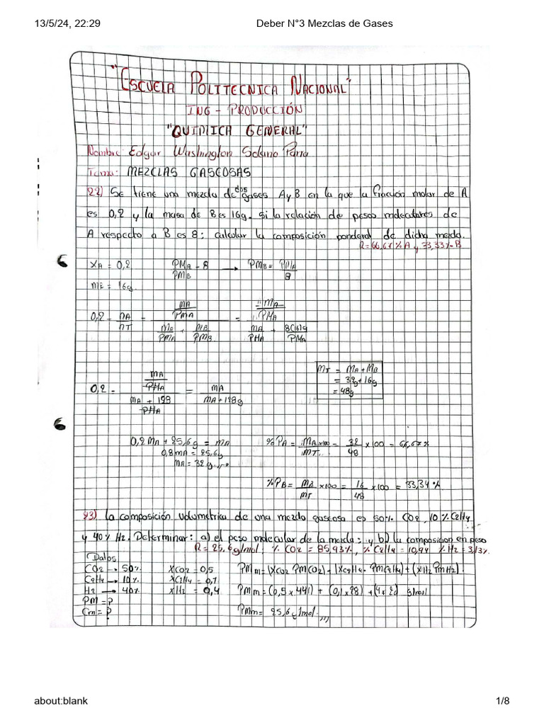Deber N°3 Mezclas de Gases | PDF