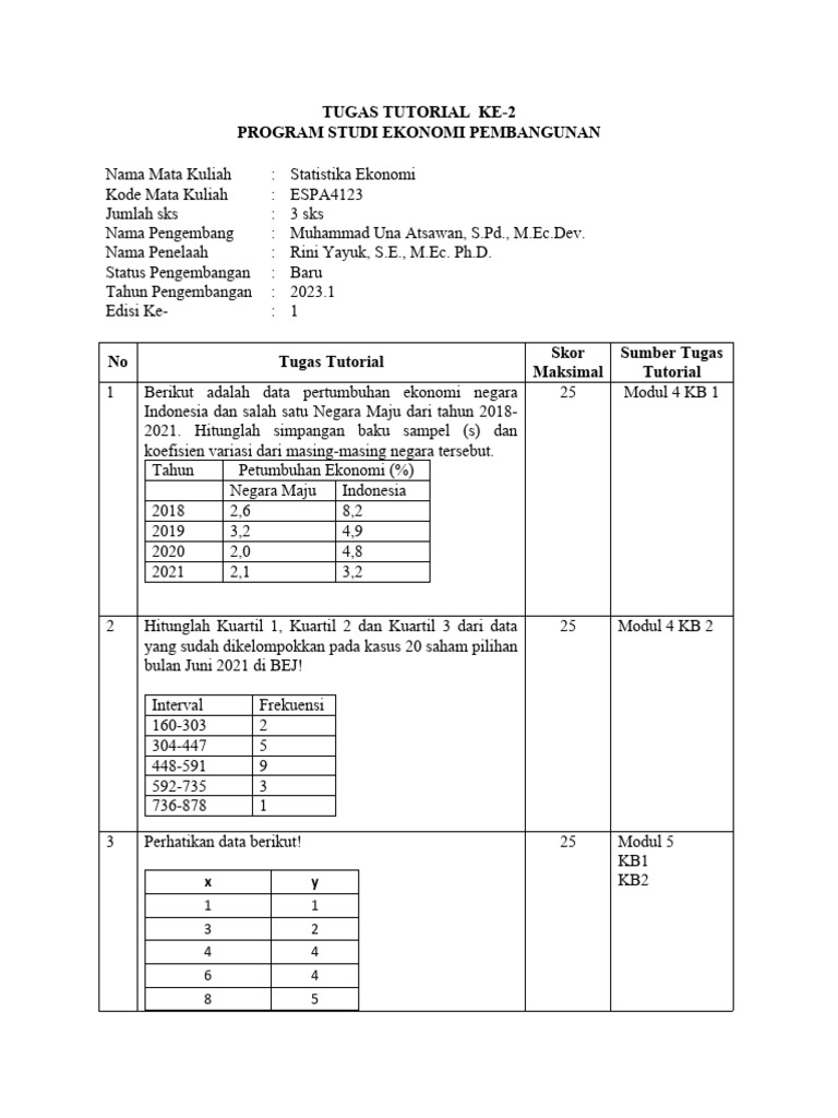 SOAL TUGAS Statistika Ekonomi ESPA4123 KE 2 | PDF SOAL TUGAS Statistika Ekonomi ESPA4123 KE 2 | PDF